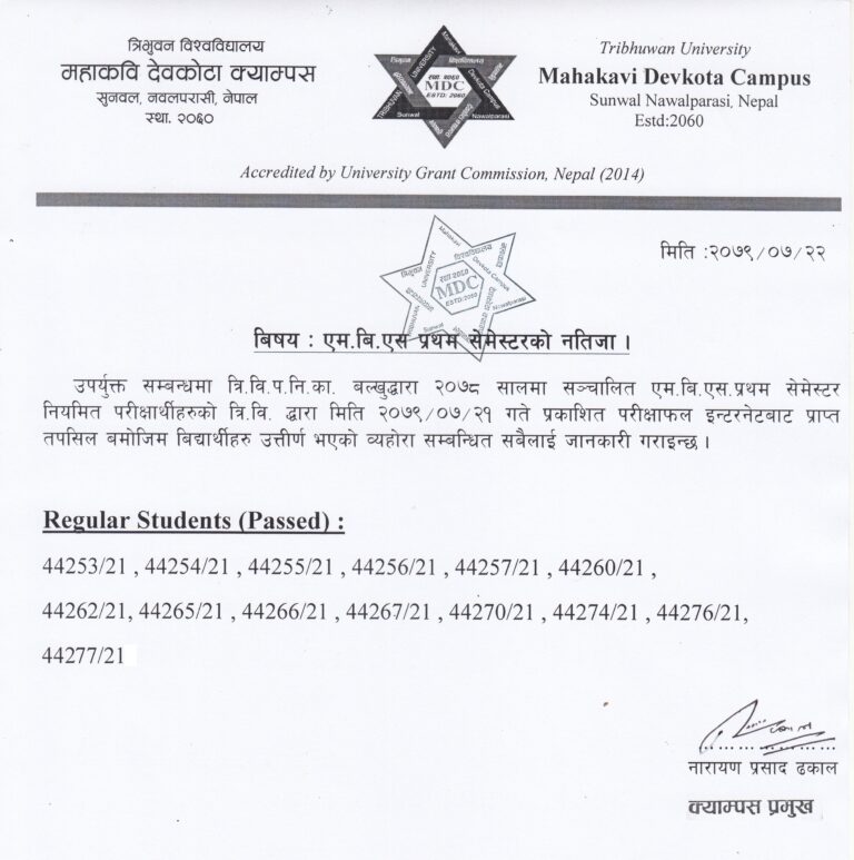 MBS 1st semester result - Mahakavi Devkota Campus