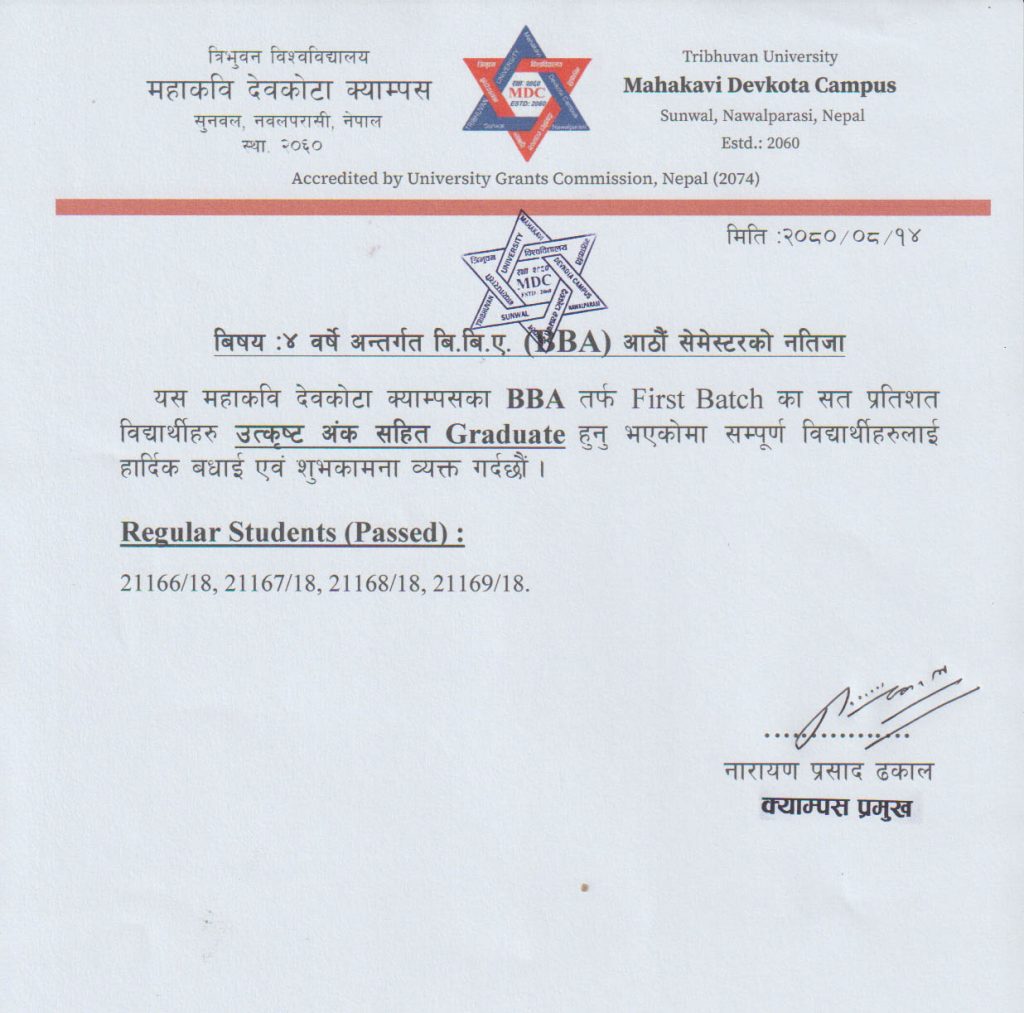 BBA 8th Sem Result - Mahakavi Devkota Campus