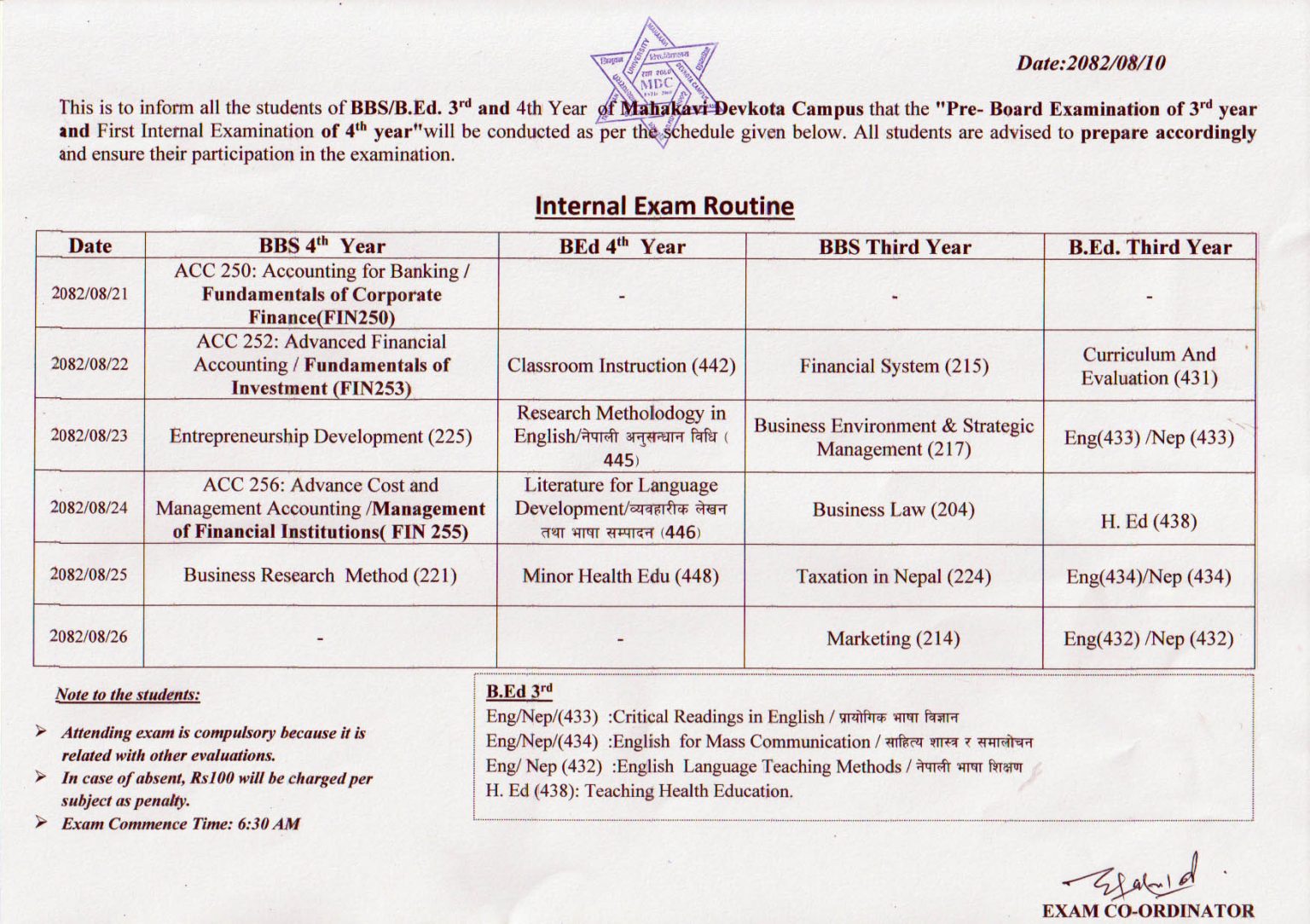 Notice about Pre-Board Examination of BB & B.Ed. 3rd Year and First Internal Exam of BBS & B.Ed ...
